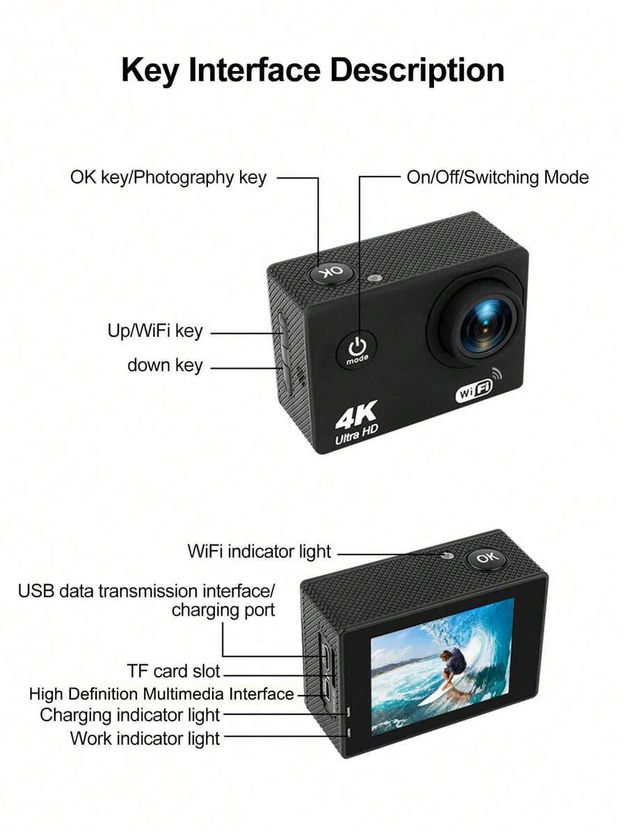 4K Action Camera With WiFi, Waterproof Sports Camera, 4K Ultra HD Video ...