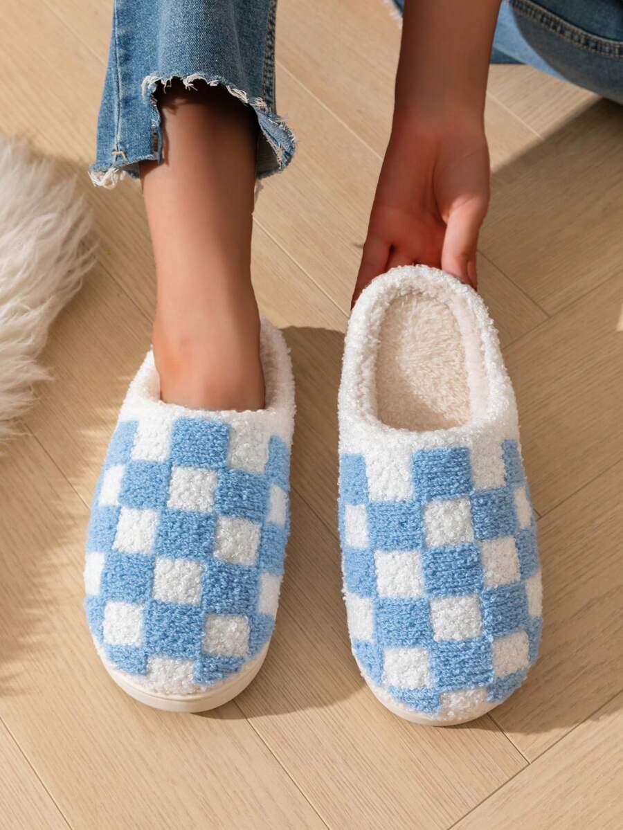 Women's Checkerboard Slippers, Comfy Fluffy Soft-Soled Warm Lined ...