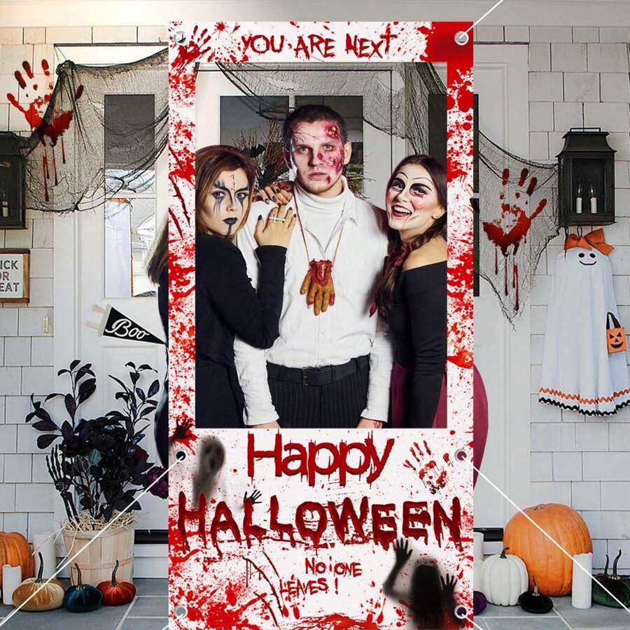 Happy Halloween Photo Booth Props Banner, Red Bloody Handprint ...