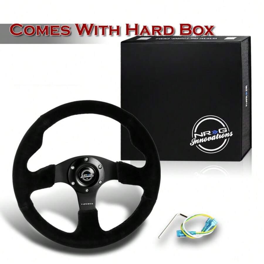 NRG 330MM Reinforced Black Suede Black Stitch 13-Inch Steering Wheel ...