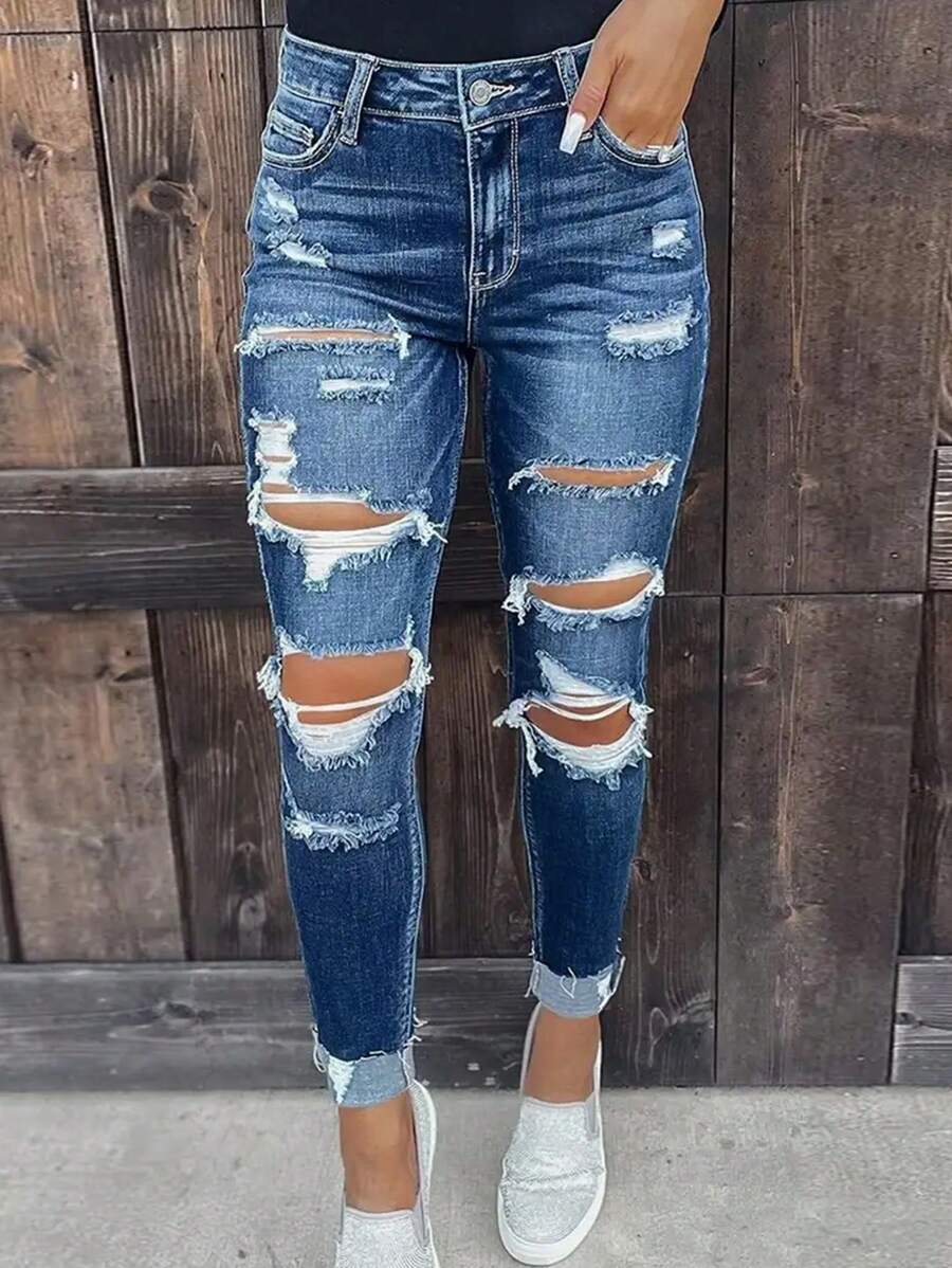 Women's Sexy Tight Jeans - Elastic Tear Denim Pants With Hip Lifting ...