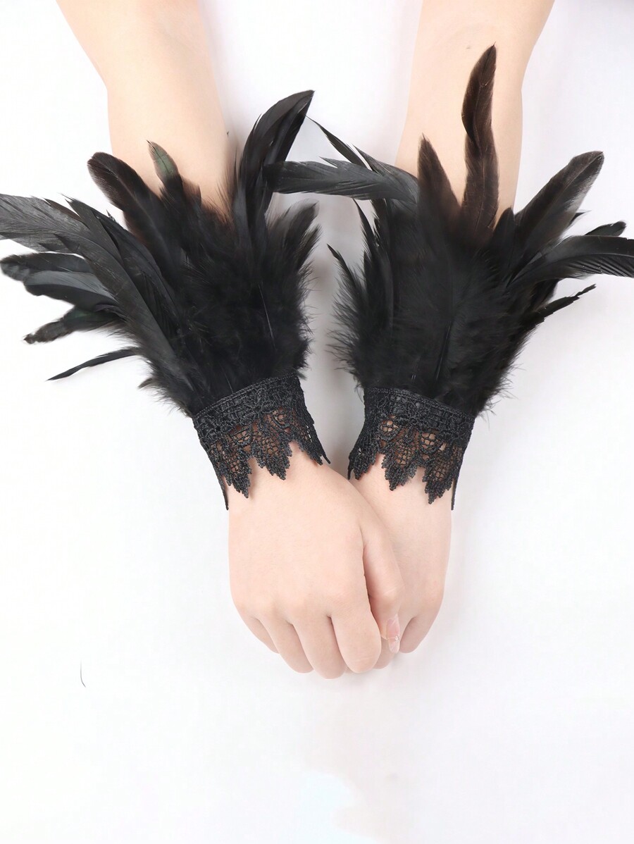 2PCS Black Feather Wristband Lace Cuffs Medieval Vintage Artistic Hands Ring Gothic Feather ...