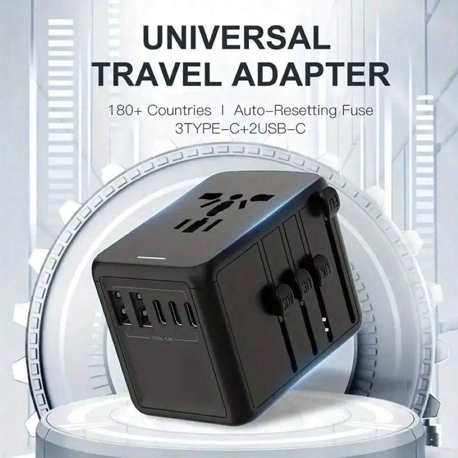 Adaptador de viaje universal que ofrece 5,8A, 3 puertos USB-C de 3,0A, 2 puertos USB-A de 2,4A y ...