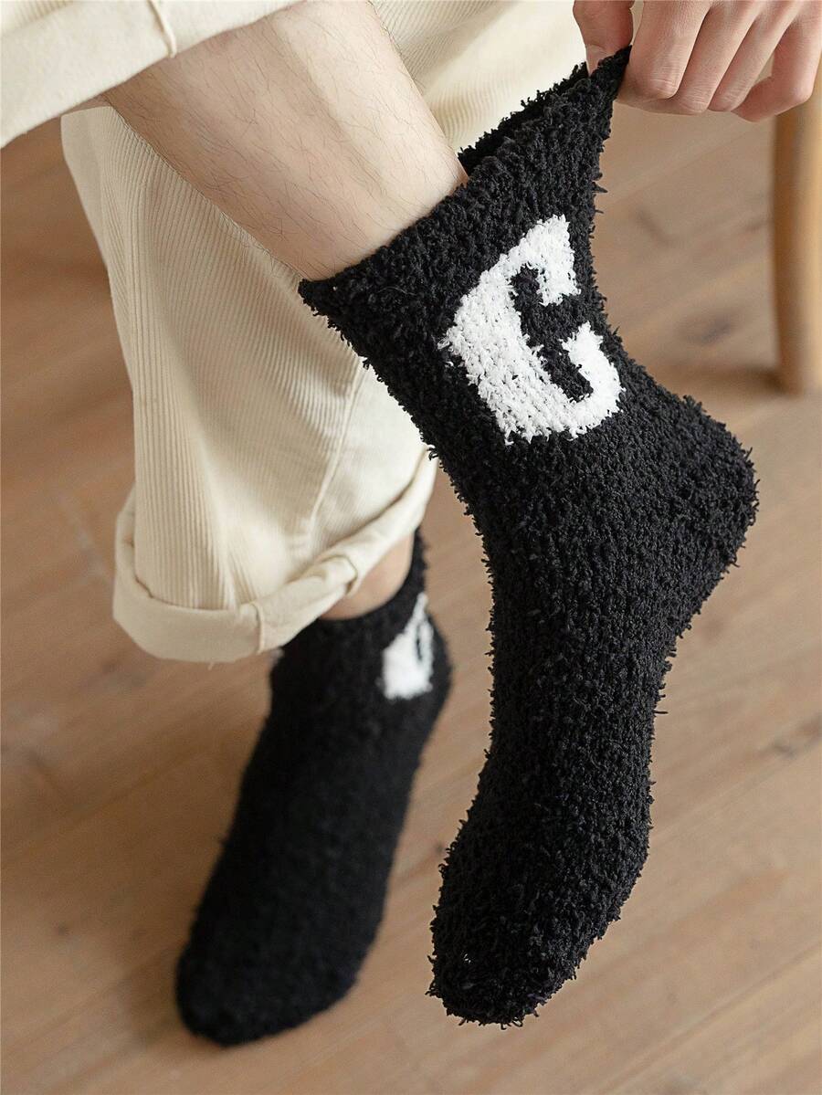 1Pair Men Cozy Black Plain Solid Color Warmly Soft Fuzzy C Letter ...