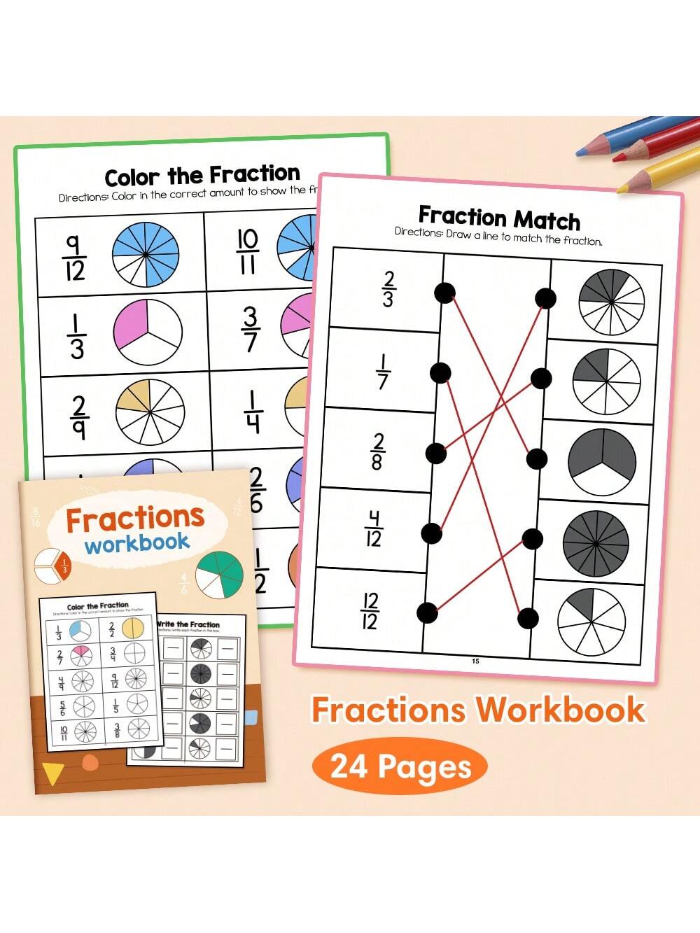 24 Pages Fractions Workbook For Kid Daily Practice Math Arithmetic ...