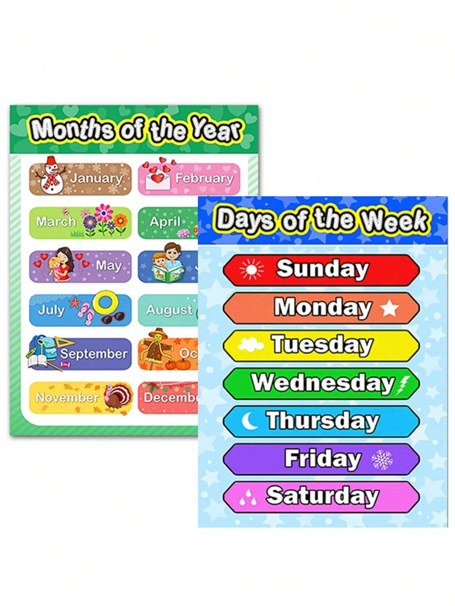 2pcs Kids Educational Posters, Cartoon Calendar & Days Of Week Wall ...