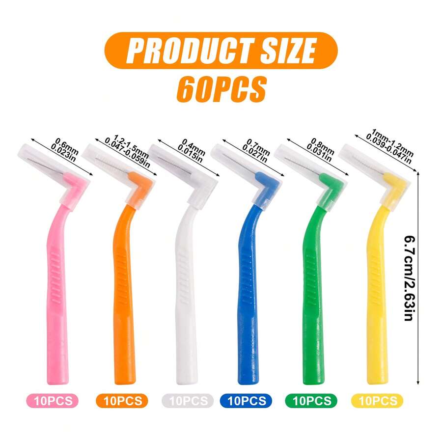 60 Pcs Interdental Brush, 6 Sizes 6 ColorsL-Shaped Interdental Brush Soft-Bristled Toothbrush ...