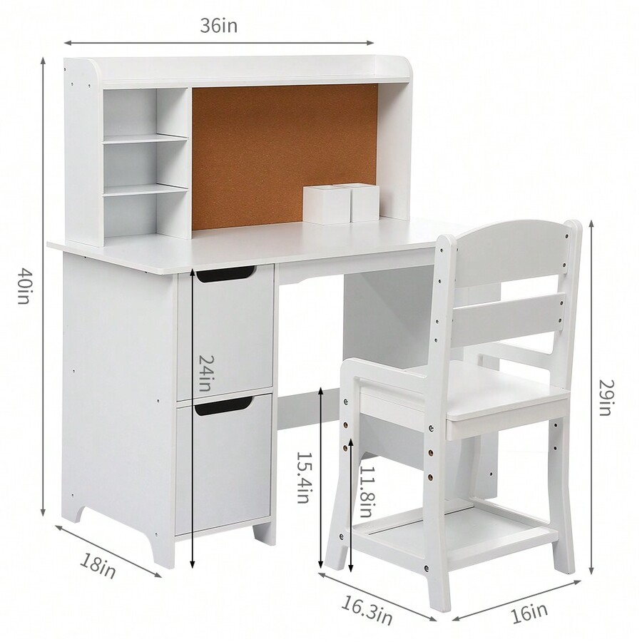 Kids Study Desk And Chair Set With Bookshelf, Bulletin Board, And ...