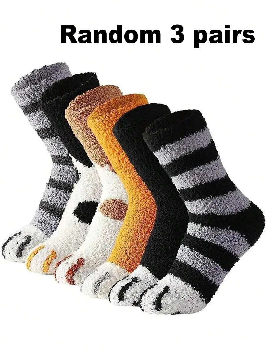 3 Pairs Women Cats Paw Stripe 3d Socks Kawaii Fun Thick Girls Cartoon ...