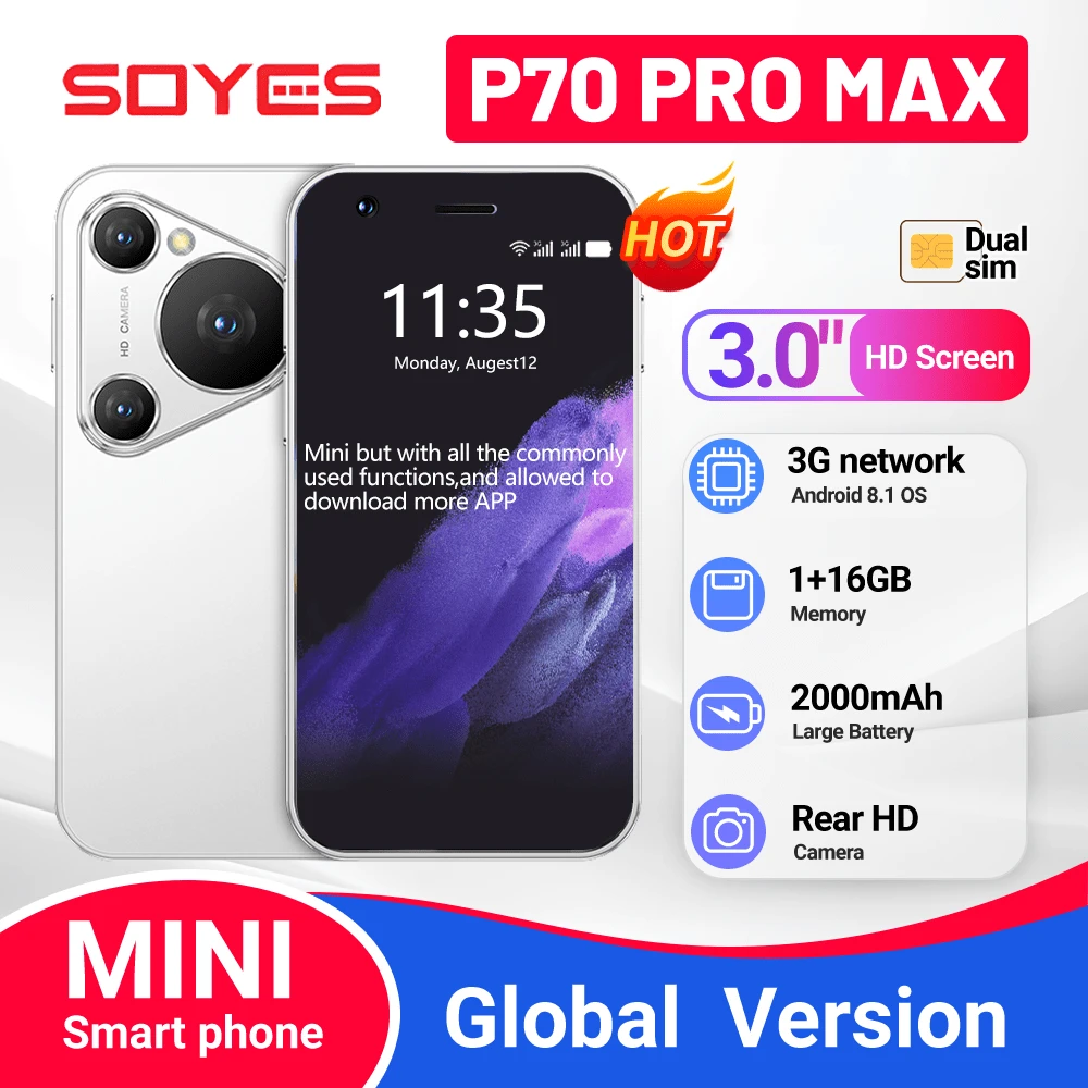 Soyes هاتف ذكي SOYES P70 Pro Max Mini النسخة العالمية الأولى، أندرويد 8.1، شاشة 3.0 بوصة، 16 ...