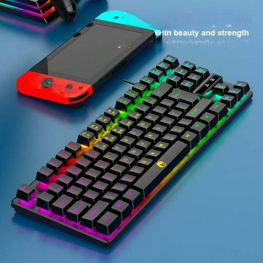 87-Key Rainbow Backlit Mechanical Feeling Wired Keyboard With Floating ...