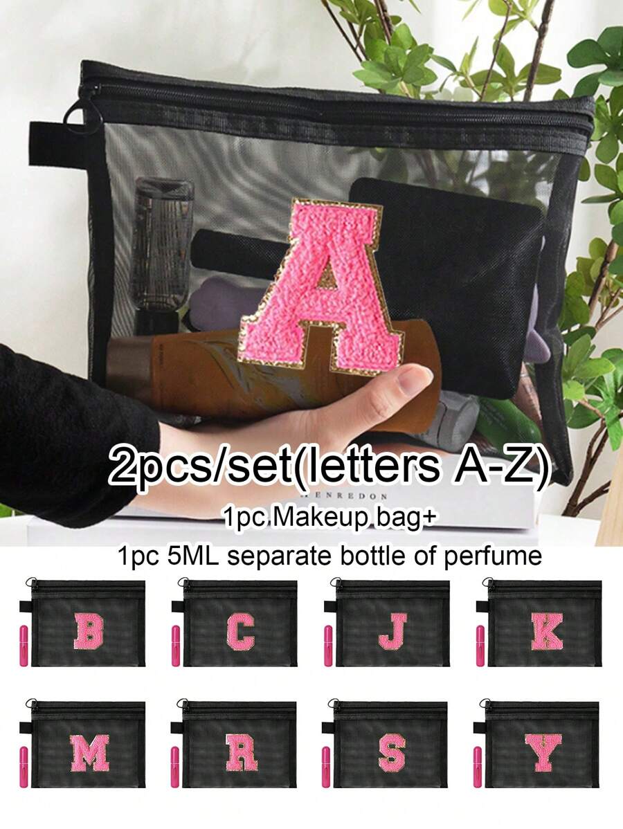 2PCS Black Mesh Bag, Large Capacity With Rose Name Initials, Towel ...
