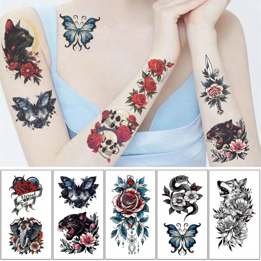 10 Sheets Flower Theme Temporary Tattoo Stickers, Lasting 2-5 Days ...