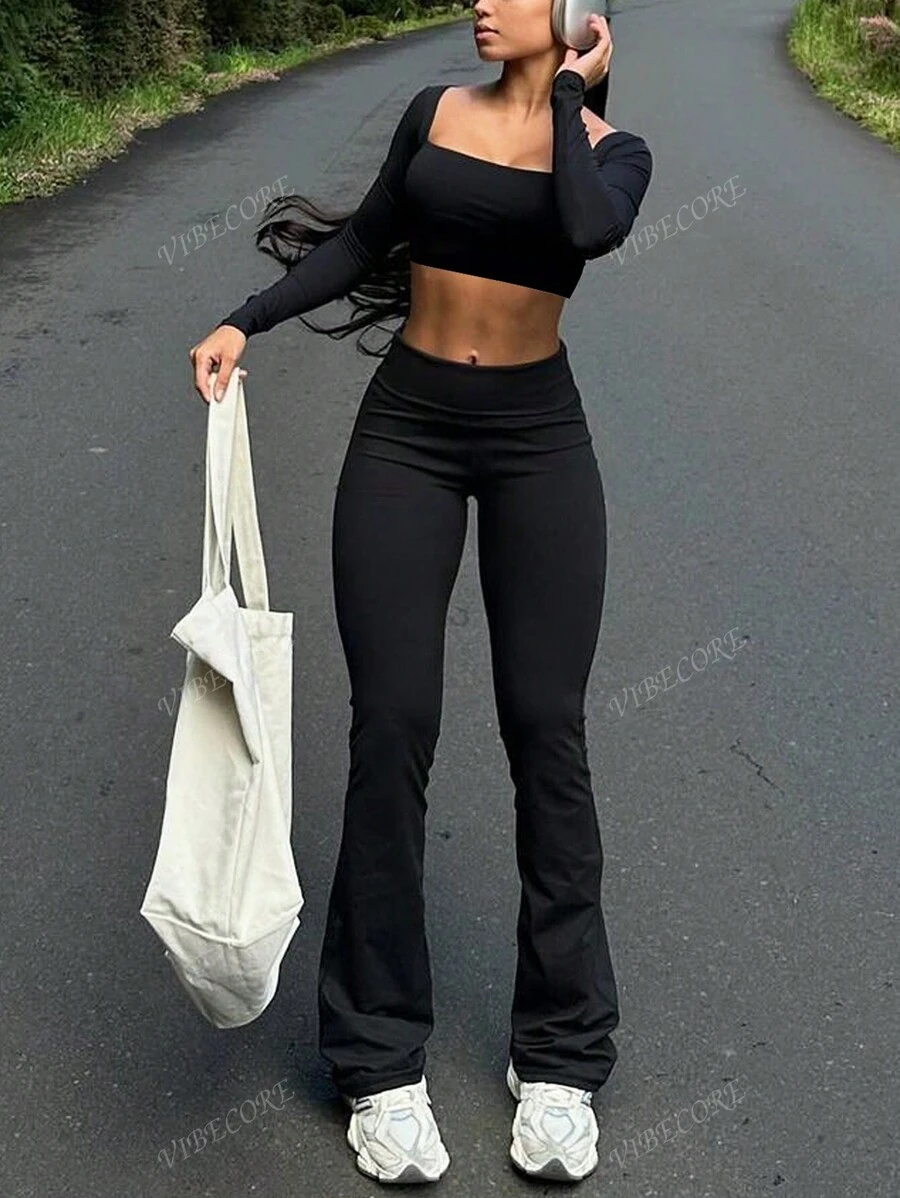 Women Sexy Fashion Long Sleeves Crop Top Flare Leg Casual Bodycon 2 ...