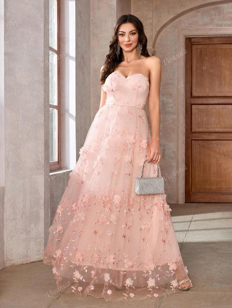 Floral 3D Embroidered Strapless Maxi Formal Dress, Princess Style For ...