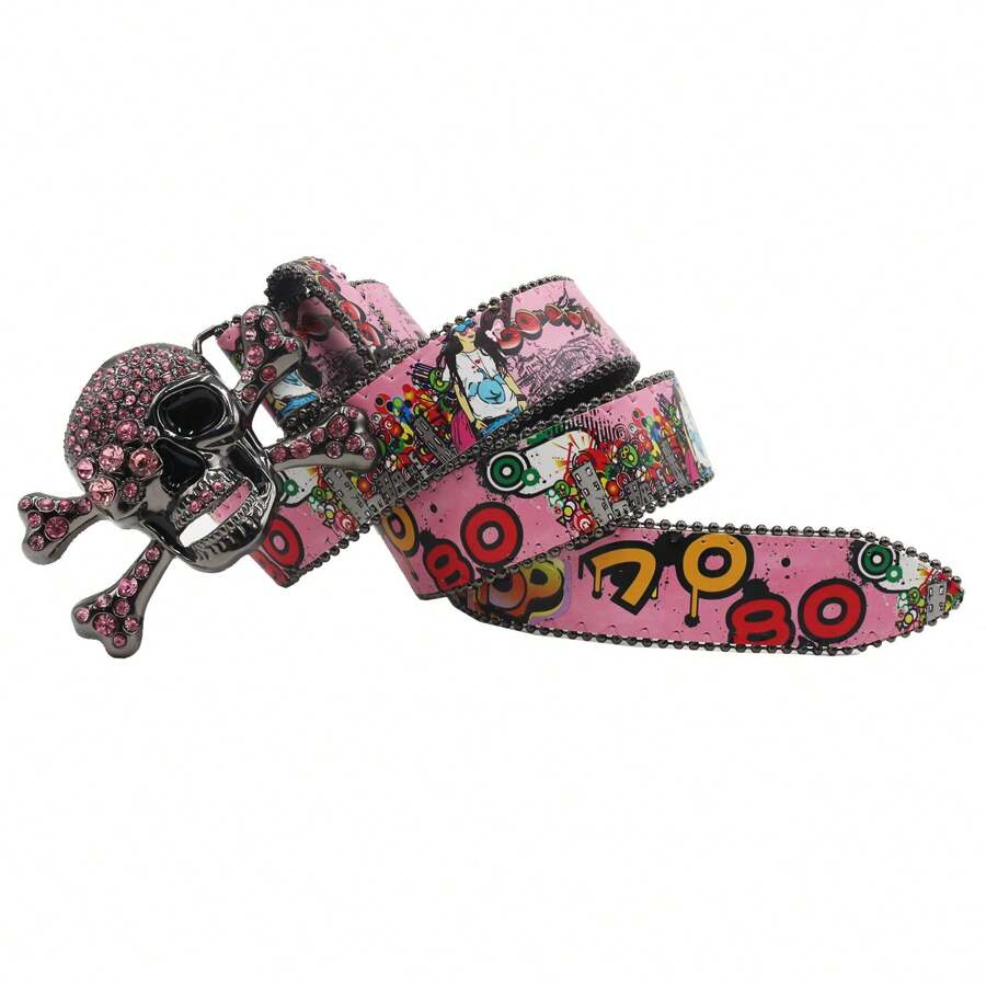 Pink Big Skull Punk Black Rhinestone Belt Rhinestone Soldier Belt ...