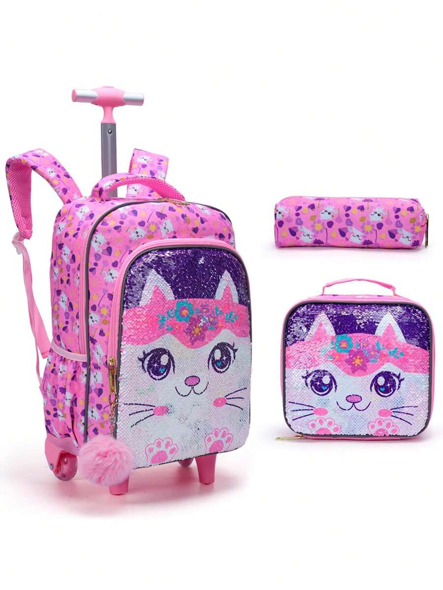 BLING BABIES 3Pcs Set Rolling Backpack For Girls Pink Cute Cartoon ...