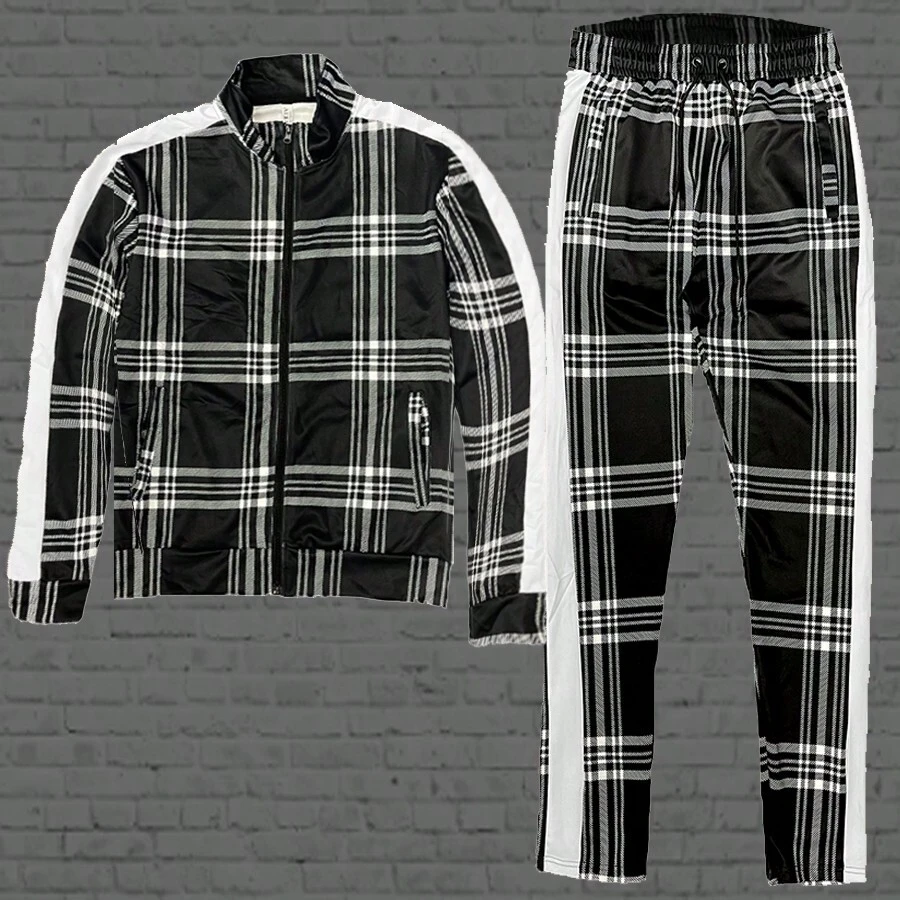 Mens Checkered Side Stripe Activewear Track Suit Jacket And Pants ...