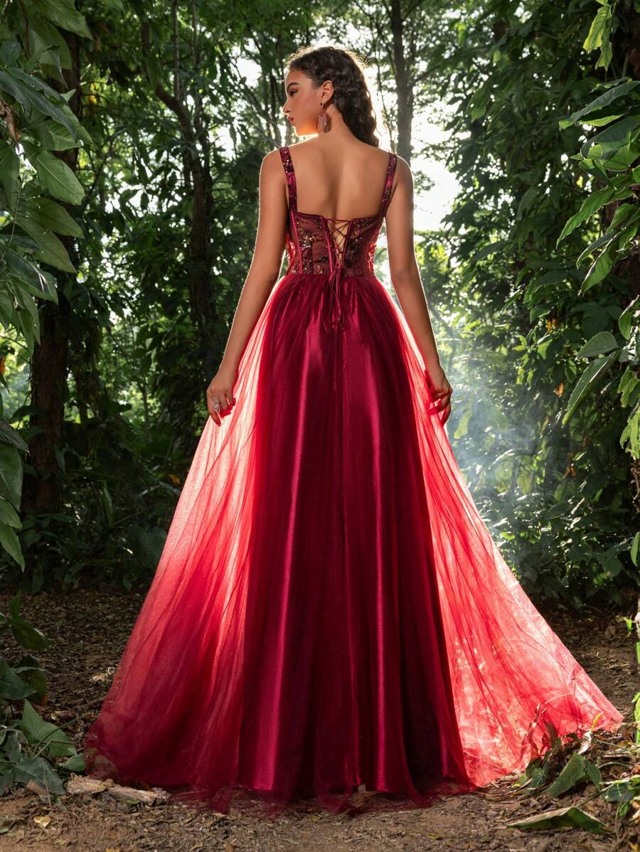 Faeriesty Sequin Spaghetti Strap Bodice Contrast Mesh Hem Evening Dress, Elegant Formal Prom ...