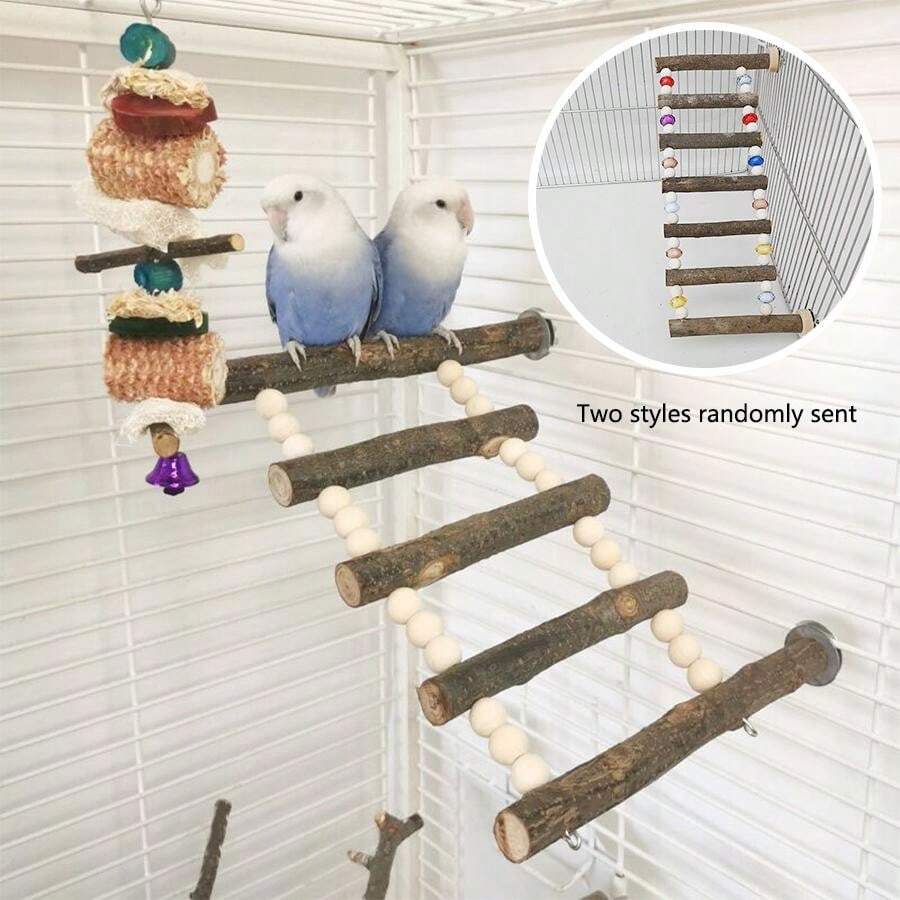 2pcs Bird Toys Set, Includes Perch Stand, Wooden Climbing Ladder, Multi ...