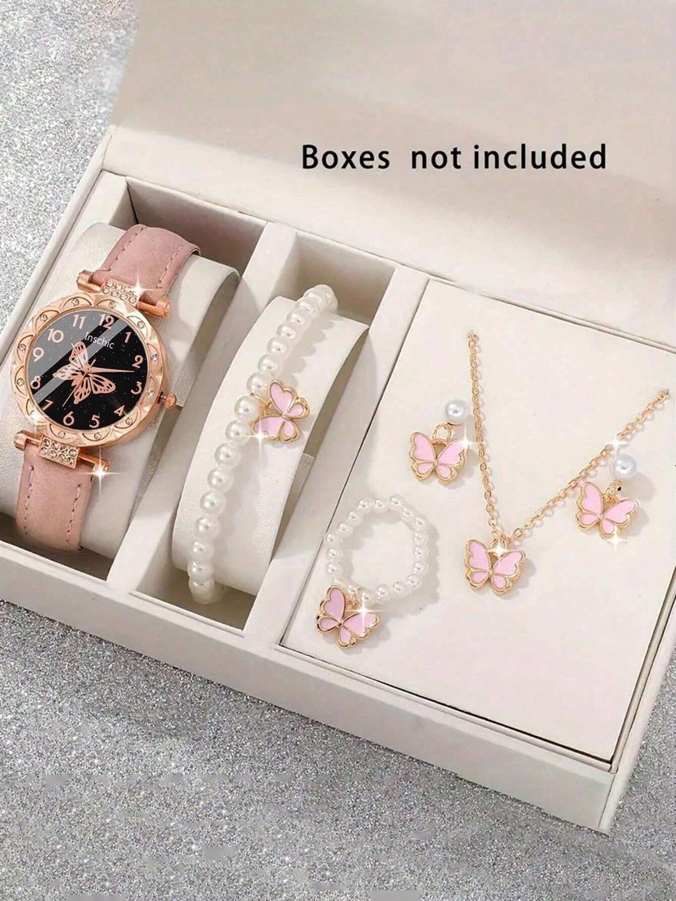 6 Pieces/Set Women's Cute Watch Pink Butterfly Disc Quartz Watch ...