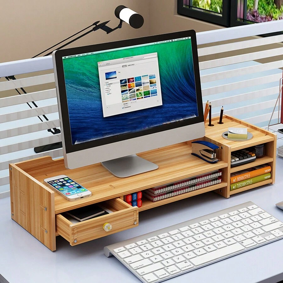 DIY Wooden Desktop Storage Organizer Shelf For Office, Computer Monitor ...