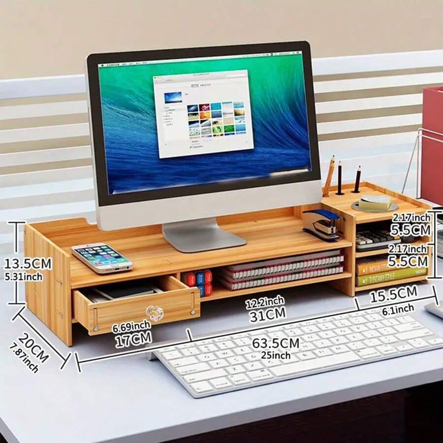 DIY Wooden Desktop Storage Organizer Shelf For Office, Computer Monitor ...
