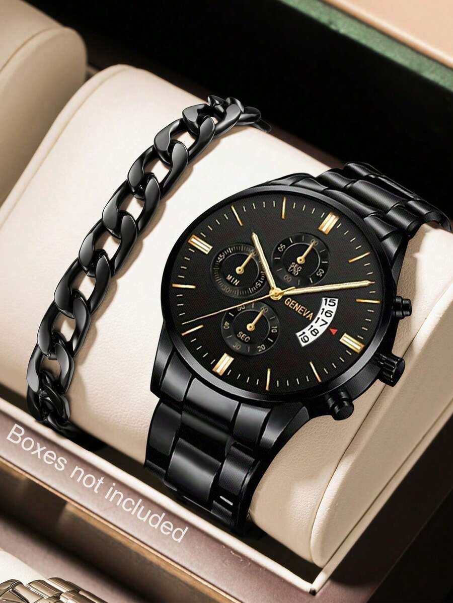 Men Watch 1pc Men Black Stainless Steel Calendar Casual Quartz Watch ...