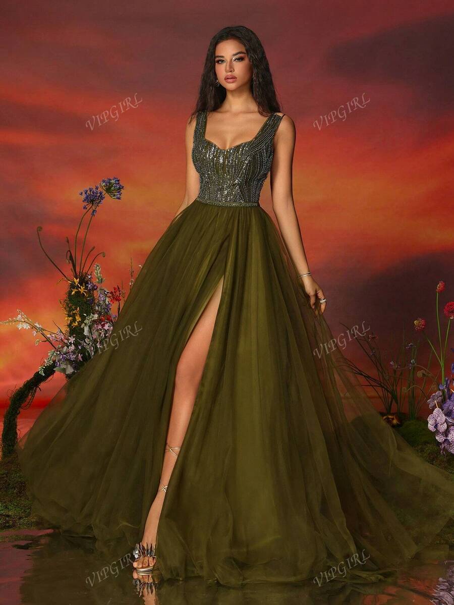 VIPGIRL A-Line Straps Tulle Gown With High Slit - Green Beaded Long ...