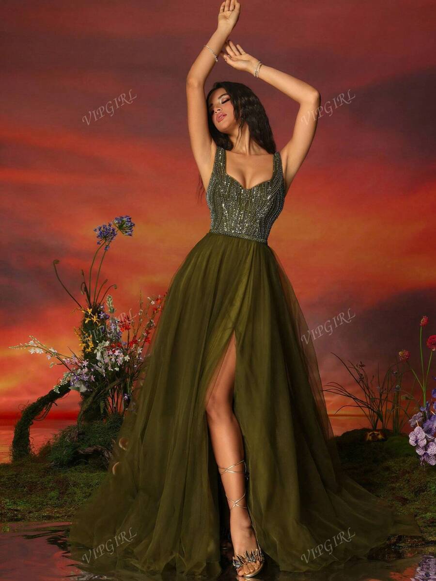 VIPGIRL A-Line Straps Tulle Gown With High Slit - Green Beaded Long ...