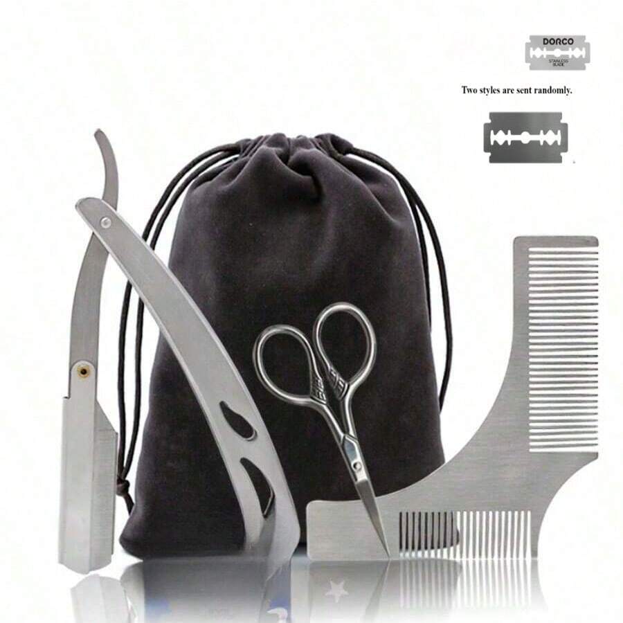 5 Pieces Grooming Set, Right Angled Beard Comb, Old-Fashioned Stainless ...