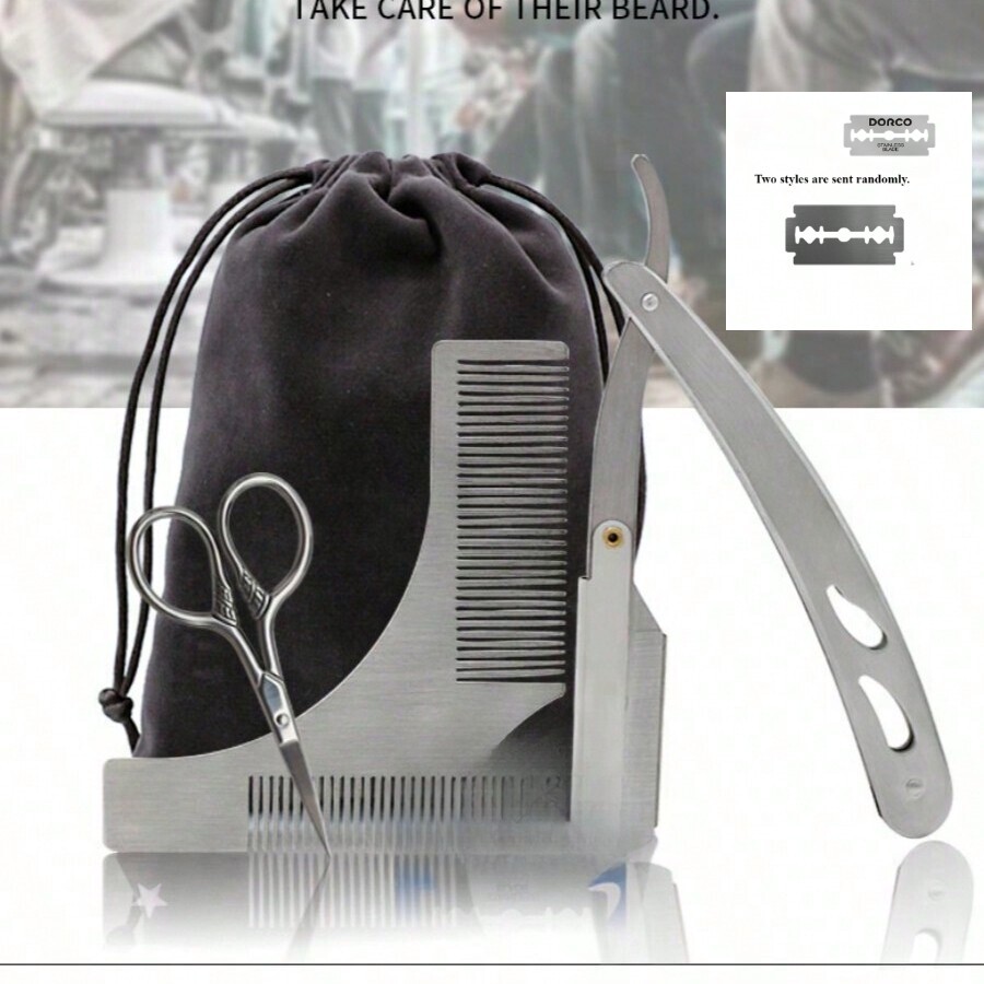 5-Piece Grooming Set, Right Angled Beard Comb, Old-Fashioned Stainless ...