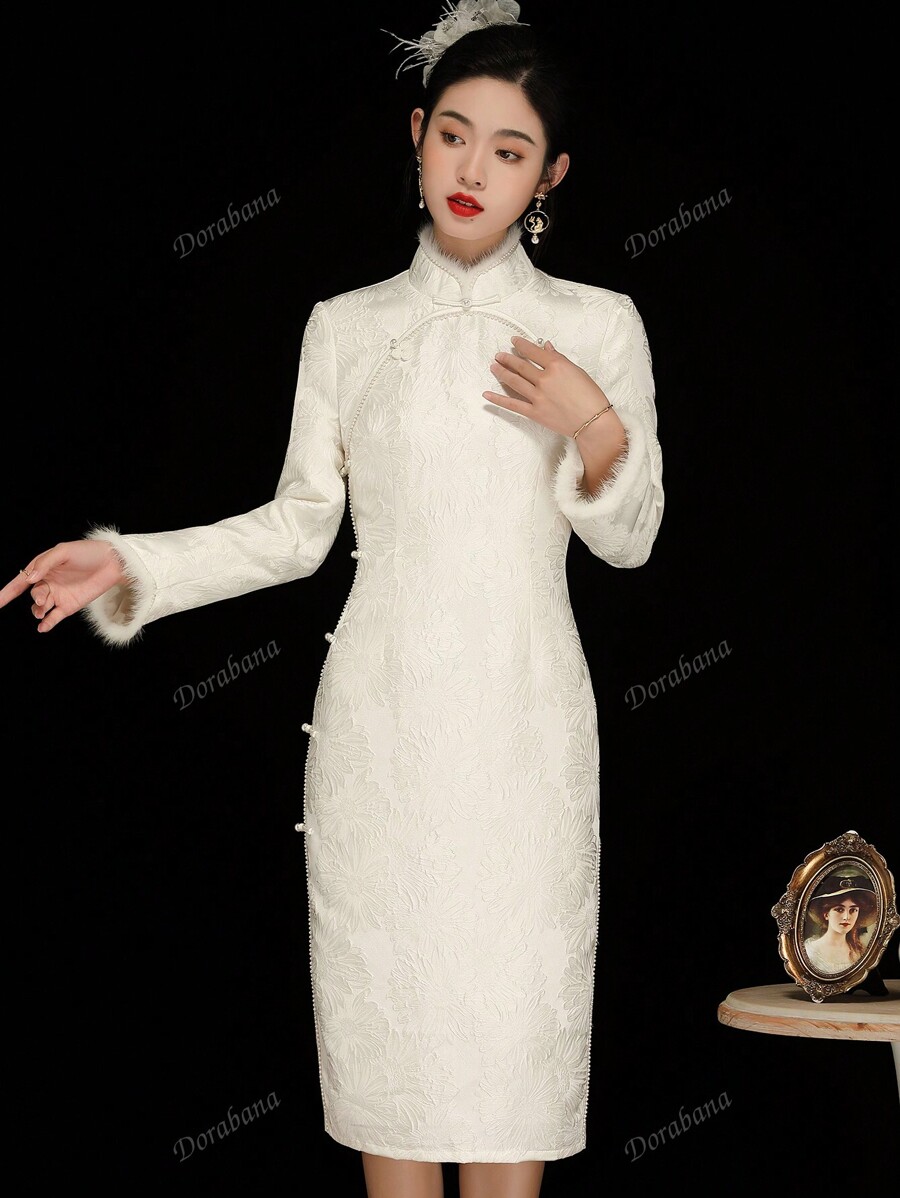 Women Elegant Vintage Floral Jacquard Long Sleeve Daily Commute ...