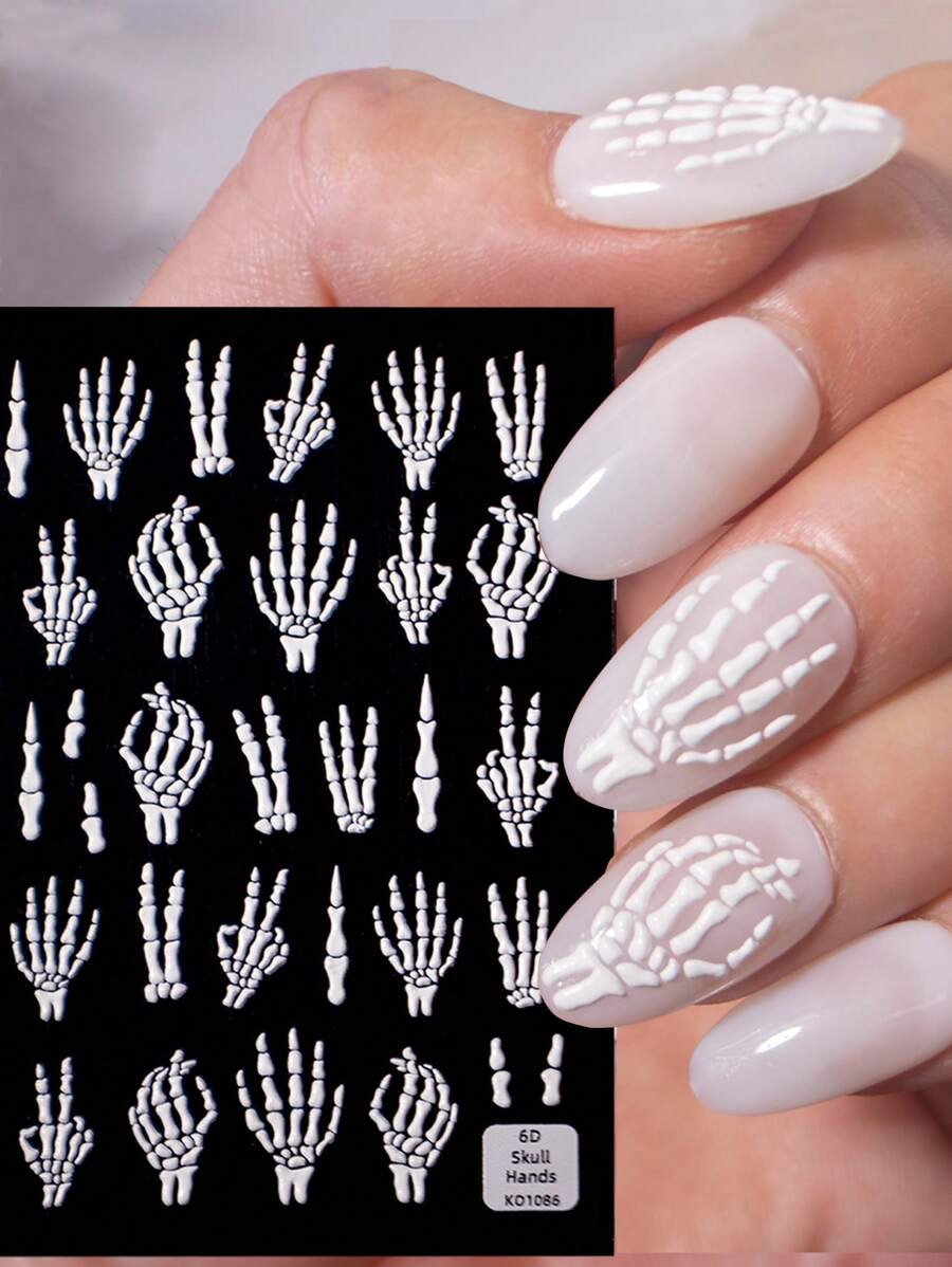 1 Piece Of White 5D Relief Skull Finger Bone Nail Art Sticker - Self ...