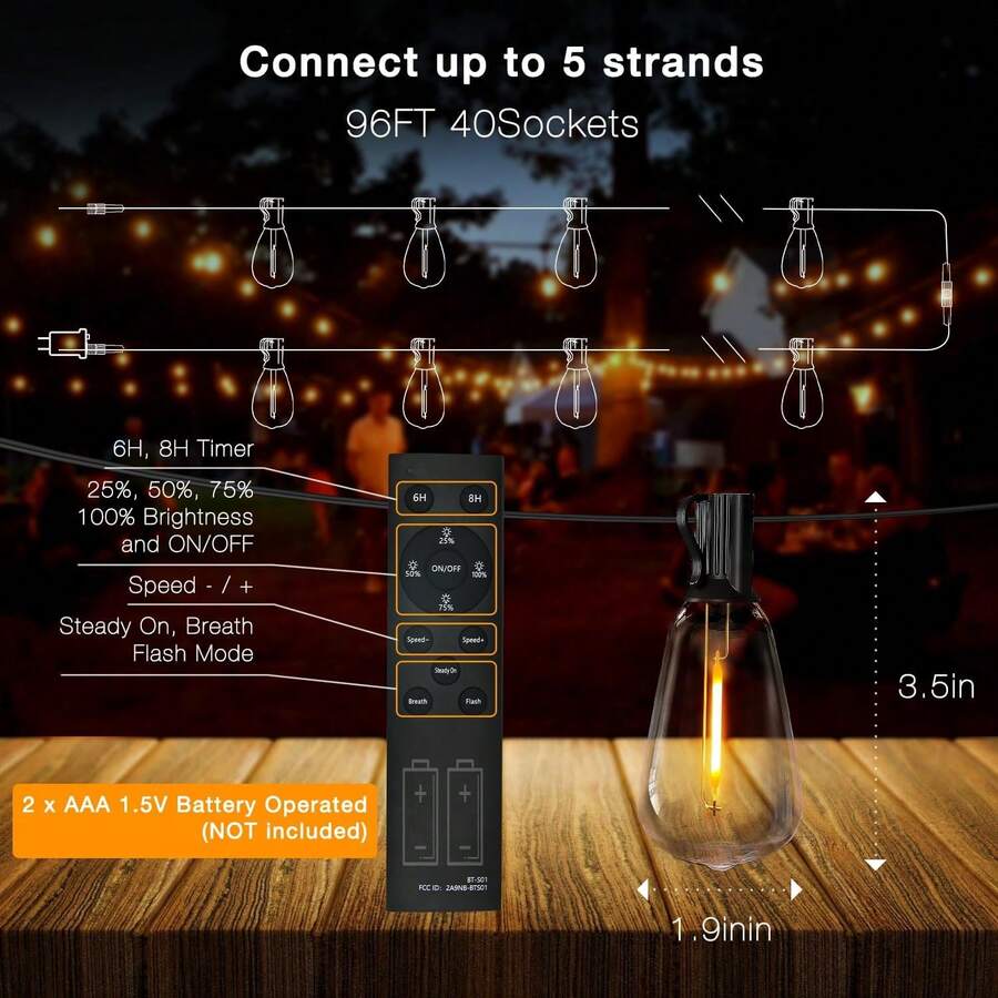 48FT Outdoor String Lights With Remote, Connectable LED Patio String ...
