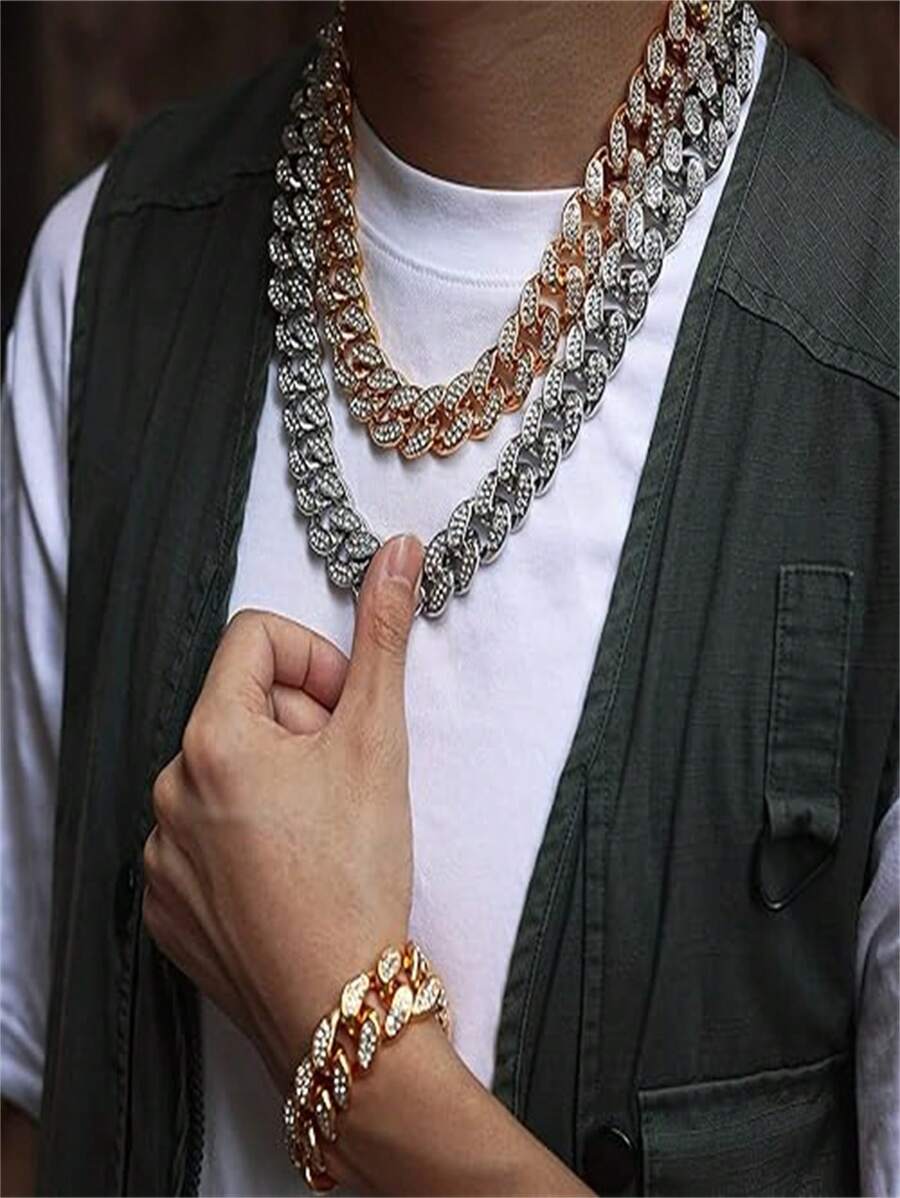 15mm Bling Bling Link Chain Necklace Rhinestone Hiphop Jewelry For Men ...