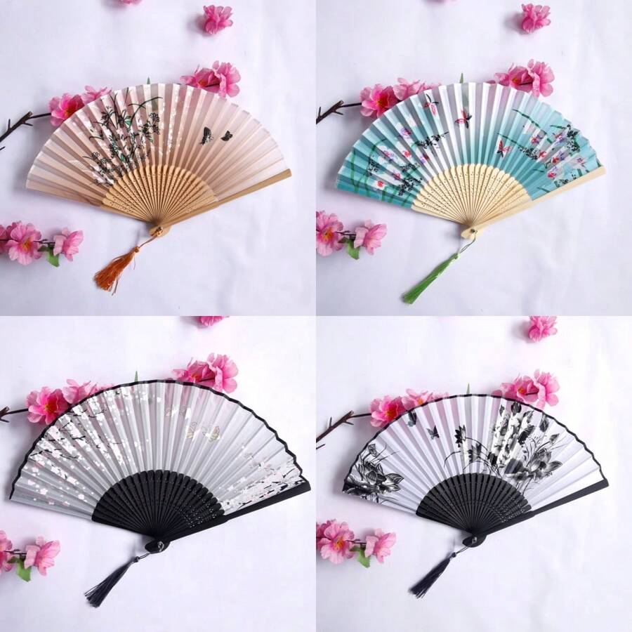 Retro Chinese Style Folding Fan, Women Bamboo & Silk Fabric Handheld ...