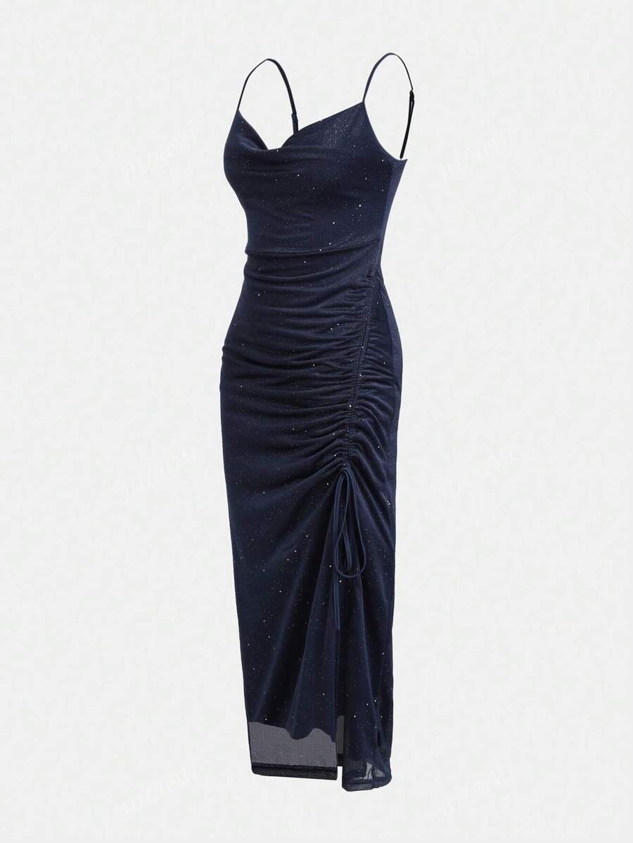 Women's Glittery Drawstring Slit Hem Ruffle Neck Spaghetti Strap Dress ...