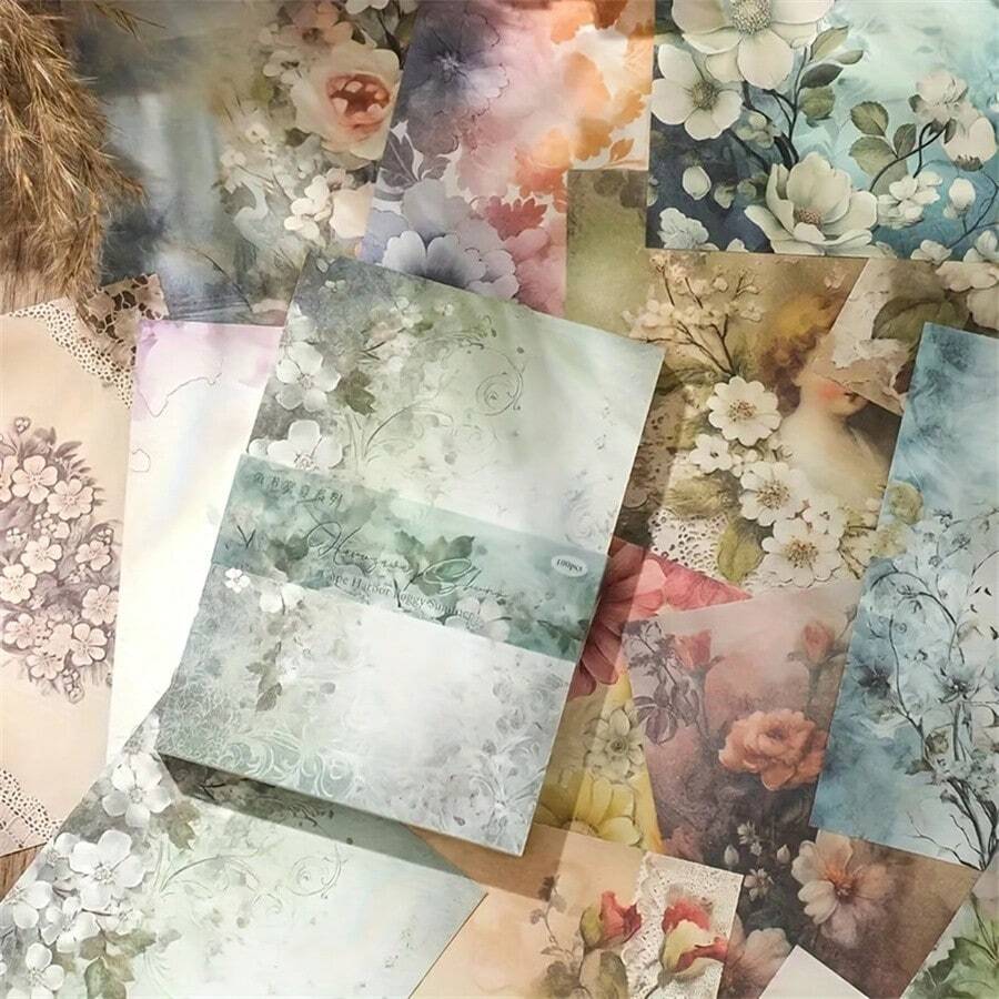 100sheets Vintage Flower Scrapbook Paper Set, Non-Adhesive Material ...