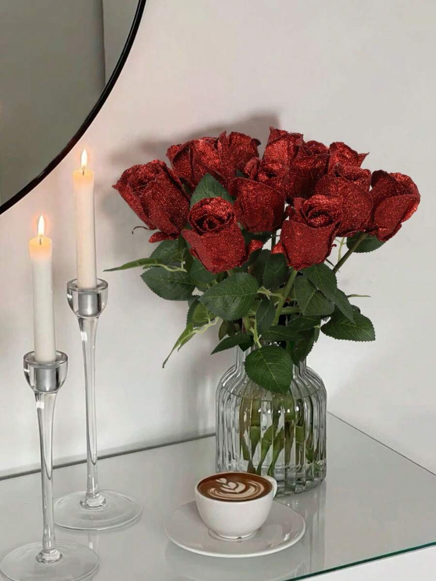 12pcs Glitter Fake Roses Artificial Flowers Silk Roses Glitter Flowers ...