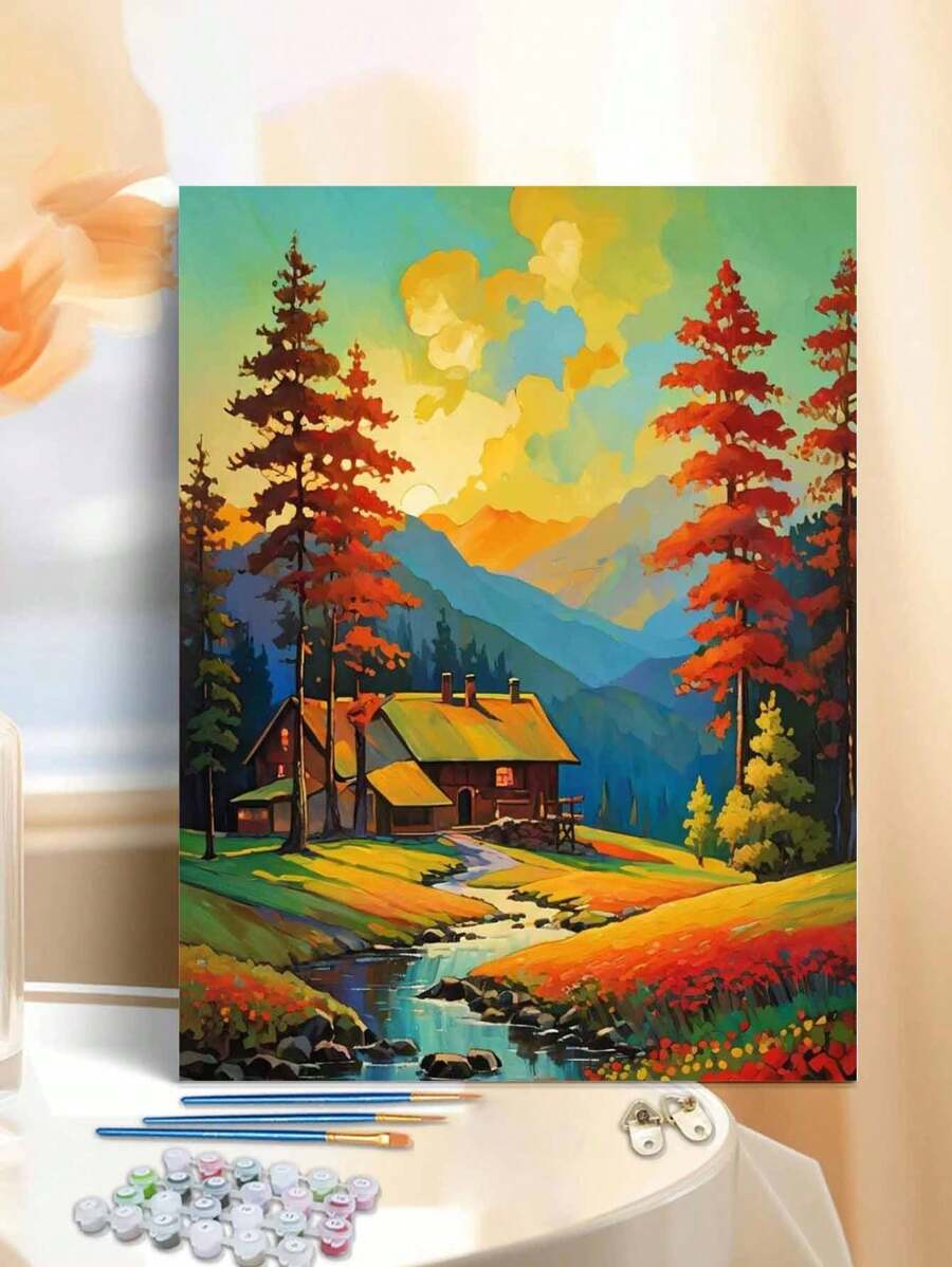 1set Autumn Countryside Cabin DIY Digital Oil Painting Kit, 40*50CM ...