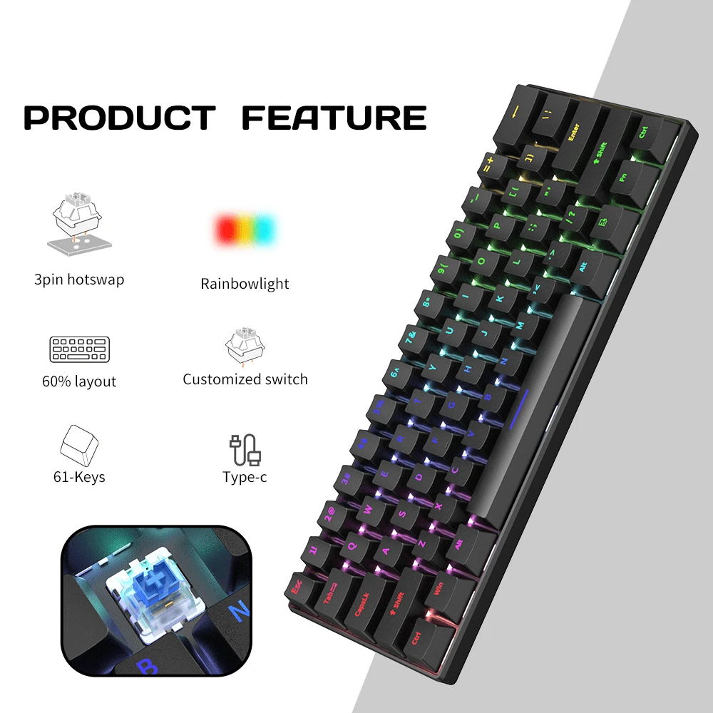 ZIFRIEND H61K White 61Keys Wired Mechanical Keyboard Blue Red Brown ...