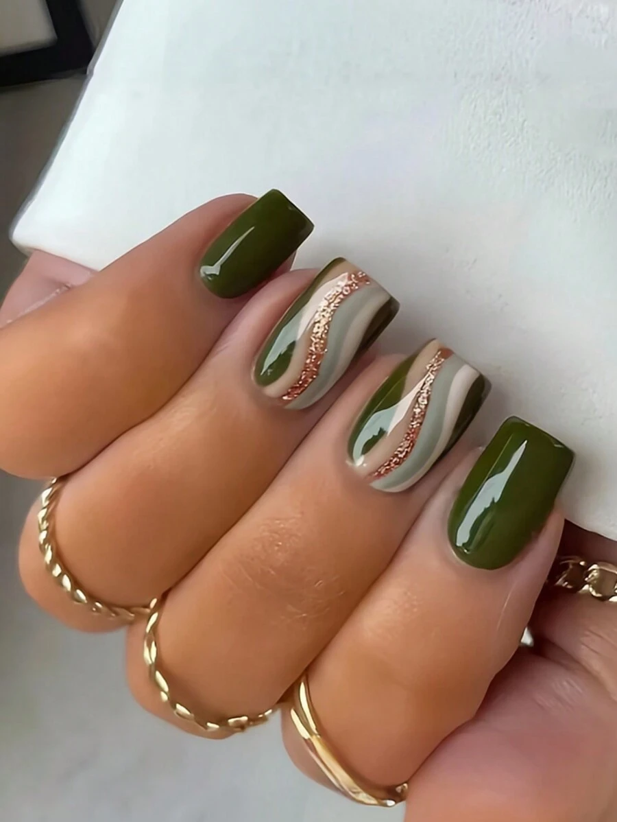 24pcs Medium Square Shape Press On Nails In Army Green, White Color And ...