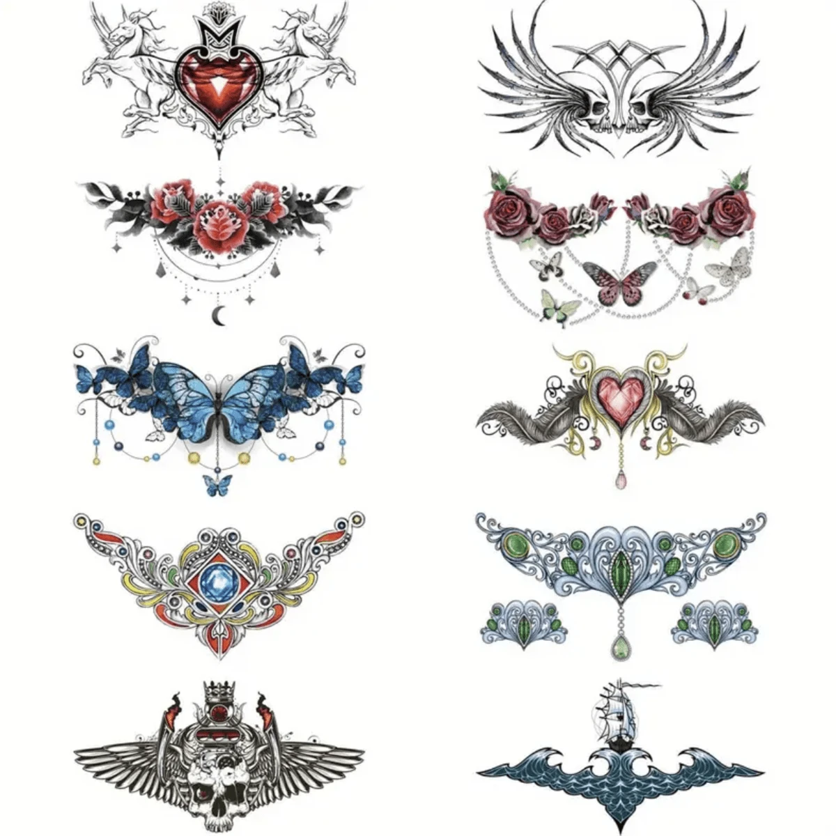 10 Sheets Chest Underboob Temporary Tattoo For Women, Large Floral Fake ...