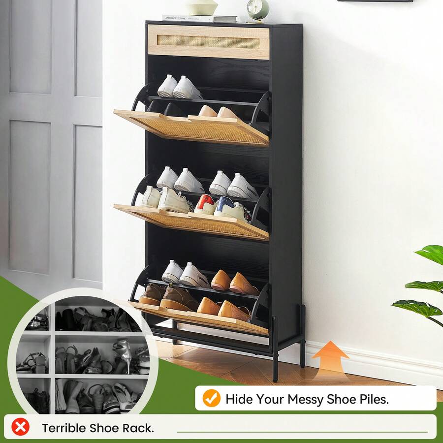 Natural Rattan 3 Flip Drawer Shoe Cabinet, Shoe Cabinet For Entryway ...