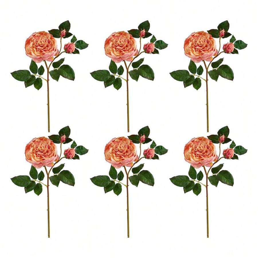Set Of 6 Rose Artificial Flowers With Realistic Leaves – Realistic Faux ...