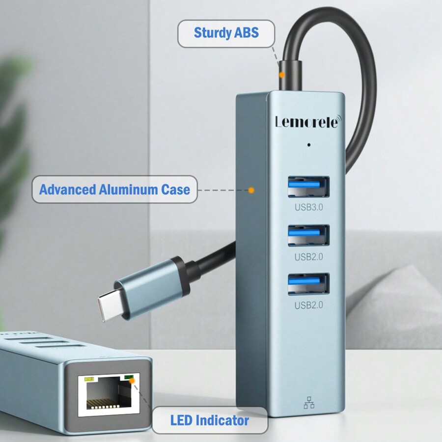 lemorele Hub USB C de Lemorele RJ45 Ethernet 4 en 1, hub USB-C RJ45 LAN para PC portátil ...