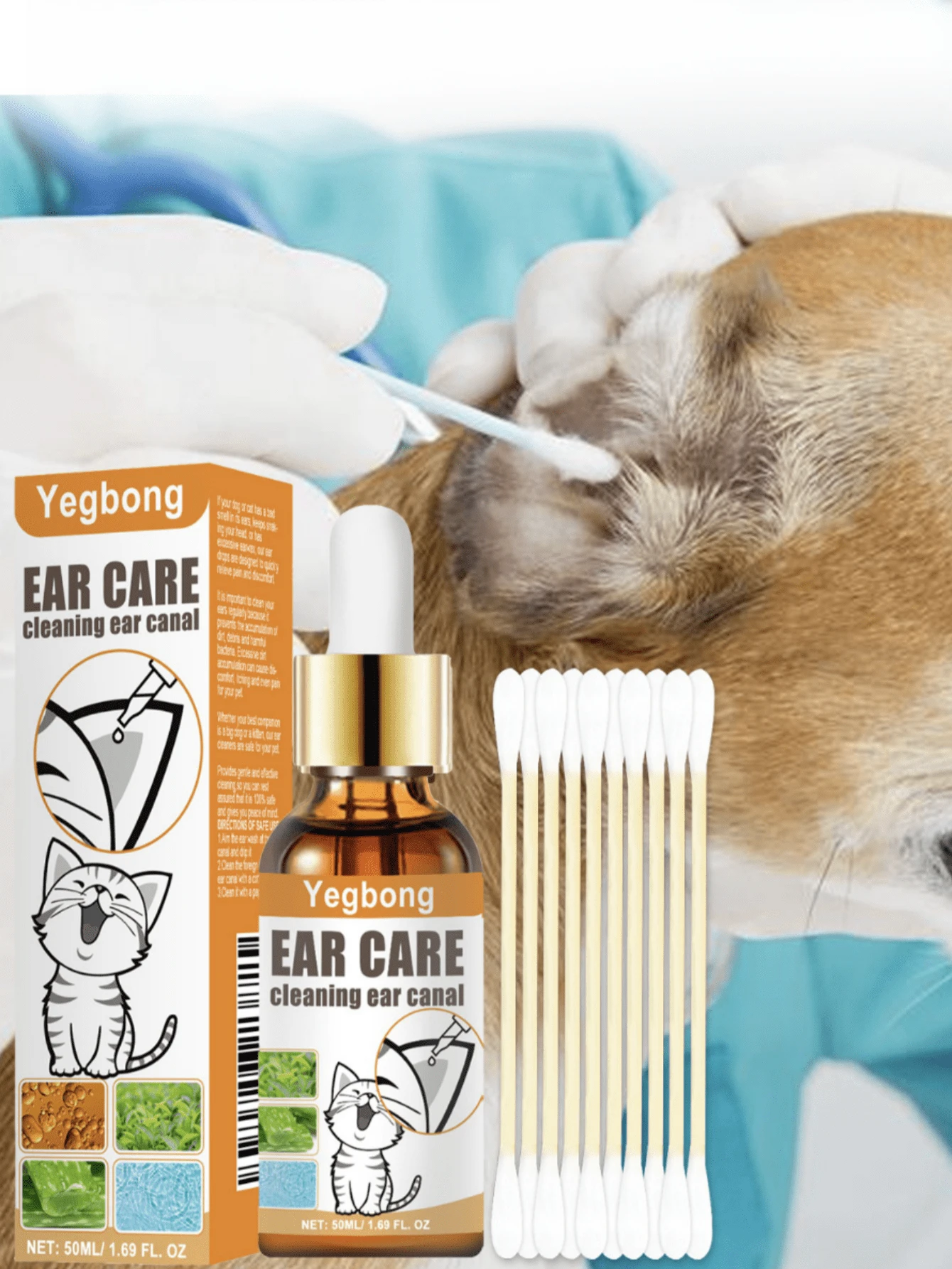 1pc Yegbong Pet Ear Cleaning Liquid With Cleaning Swabs - Cat & Dog Ear ...