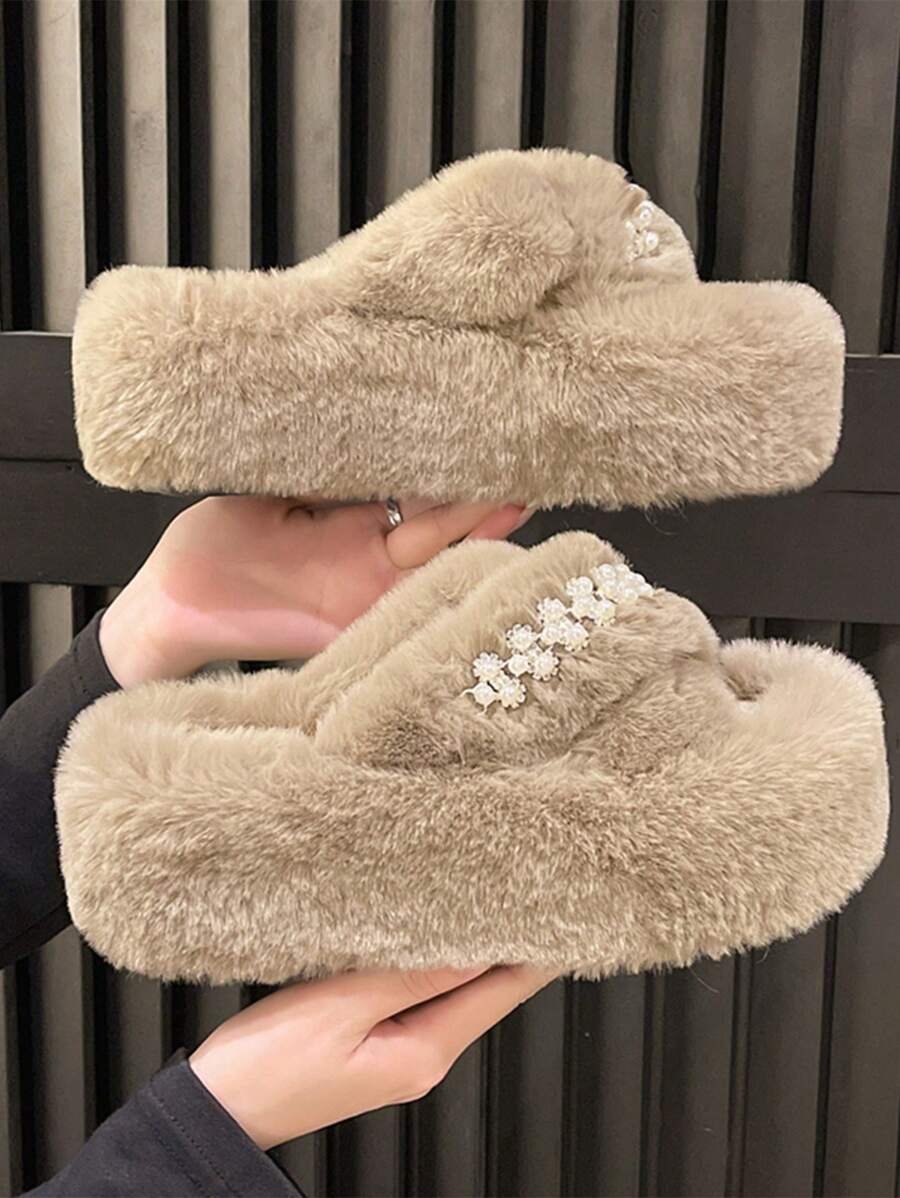 Women's Fashion Round Toe Faux Fur Pearled Flower Khaki Crossover Open ...