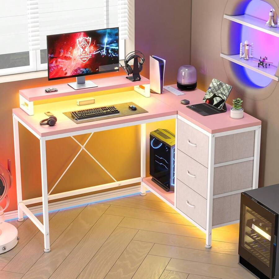 L-Shaped Desk With Power Outlets & LED Lights - Computer Desk Featuring ...